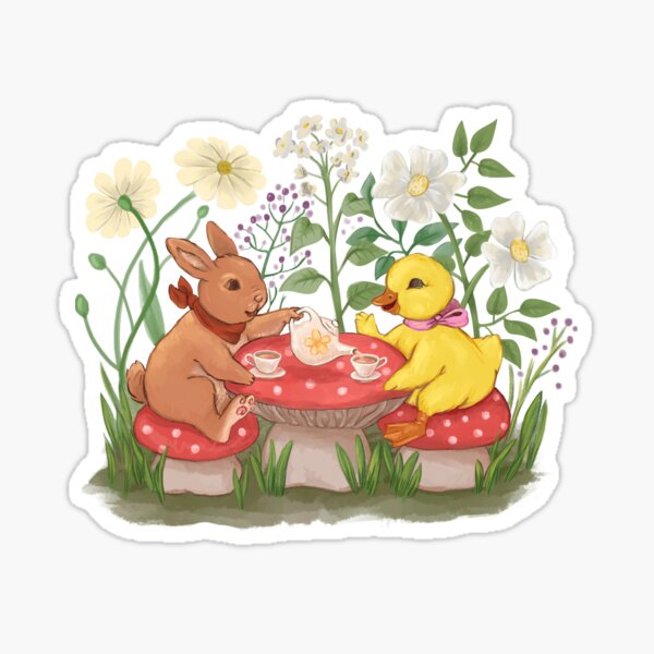 "Cottagecore Aesthetics Rabbit Duck Mushroom Tea Time " Sticker for ...