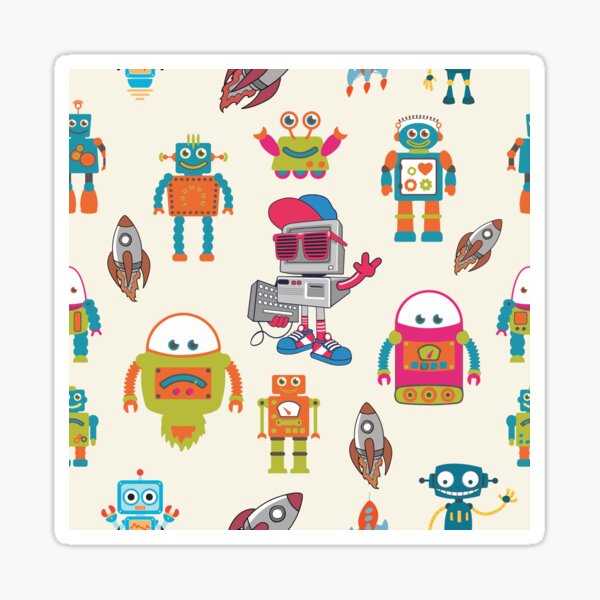 "Classic pattern of Vintage Inspired Robots toy in Space" Sticker for ...