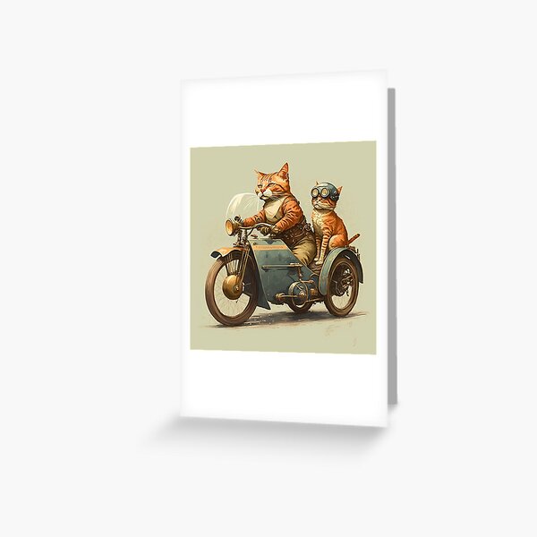 "Vintage Motorcycle with Sidecar Cat Driving" Greeting Card for Sale by ...