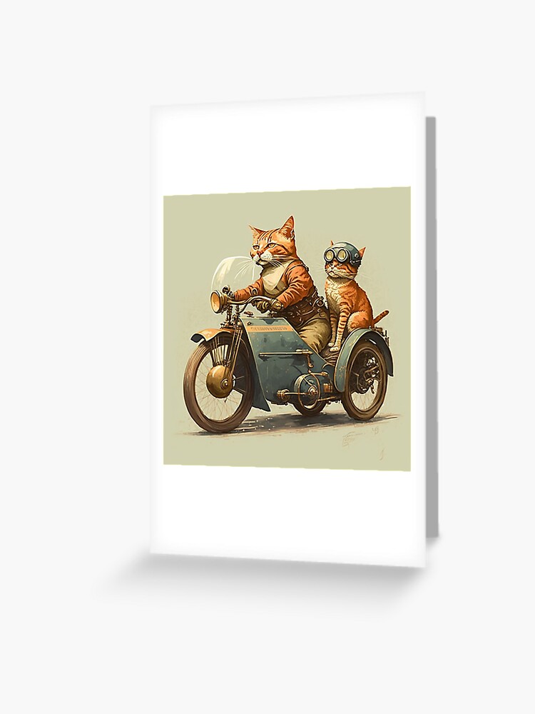 "Vintage Motorcycle with Sidecar Cat Driving" Greeting Card for Sale by ...