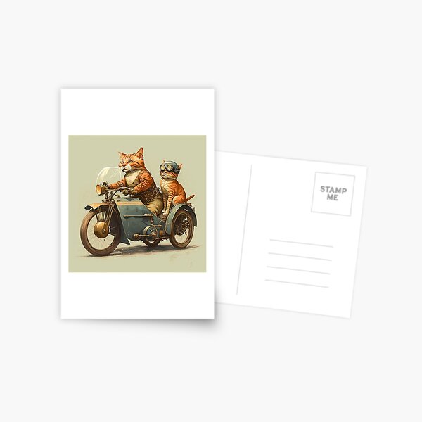 "Vintage Motorcycle with Sidecar Cat Driving" Postcard for Sale by Cat ...