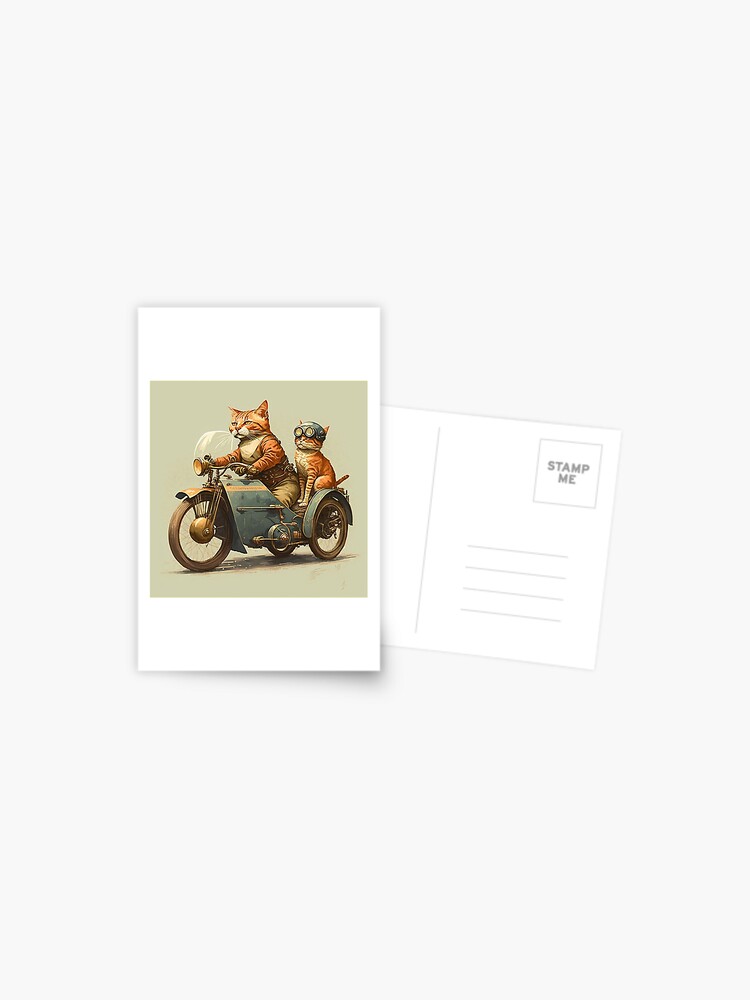 "Vintage Motorcycle with Sidecar Cat Driving" Postcard for Sale by Cat ...
