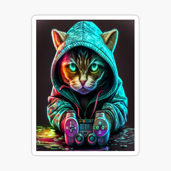 "Cool gaming cat in hoodie with controller animation design in neon ...