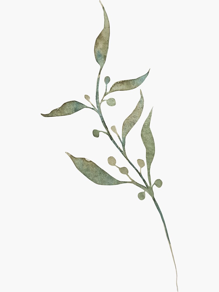 "Print of green tiny twigs branch watercolor green leaves" Sticker for ...