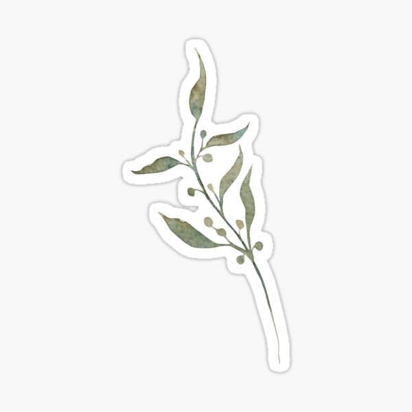 "Print of green tiny twigs branch watercolor green leaves" Sticker for ...