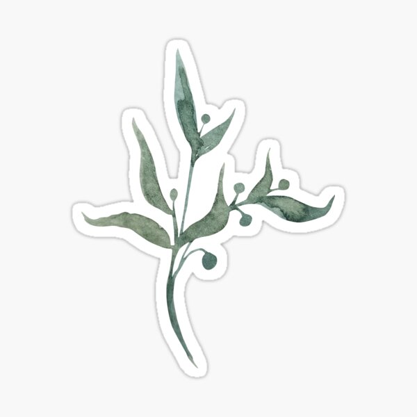 "Print of green tiny twigs branch watercolor green leaves" Sticker for ...