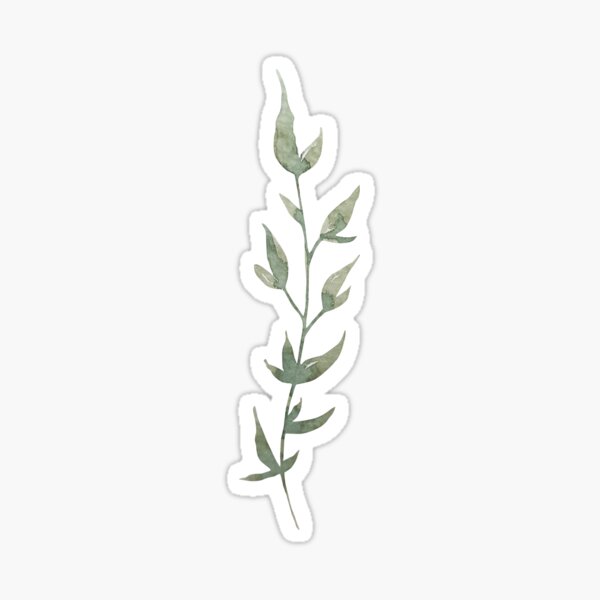 "Print of green tiny twigs branch watercolor green leaves" Sticker for ...