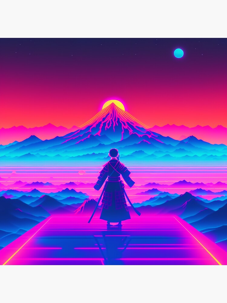 "A samurai looking at mount fuji with the sun at dawn in vaporwave ...