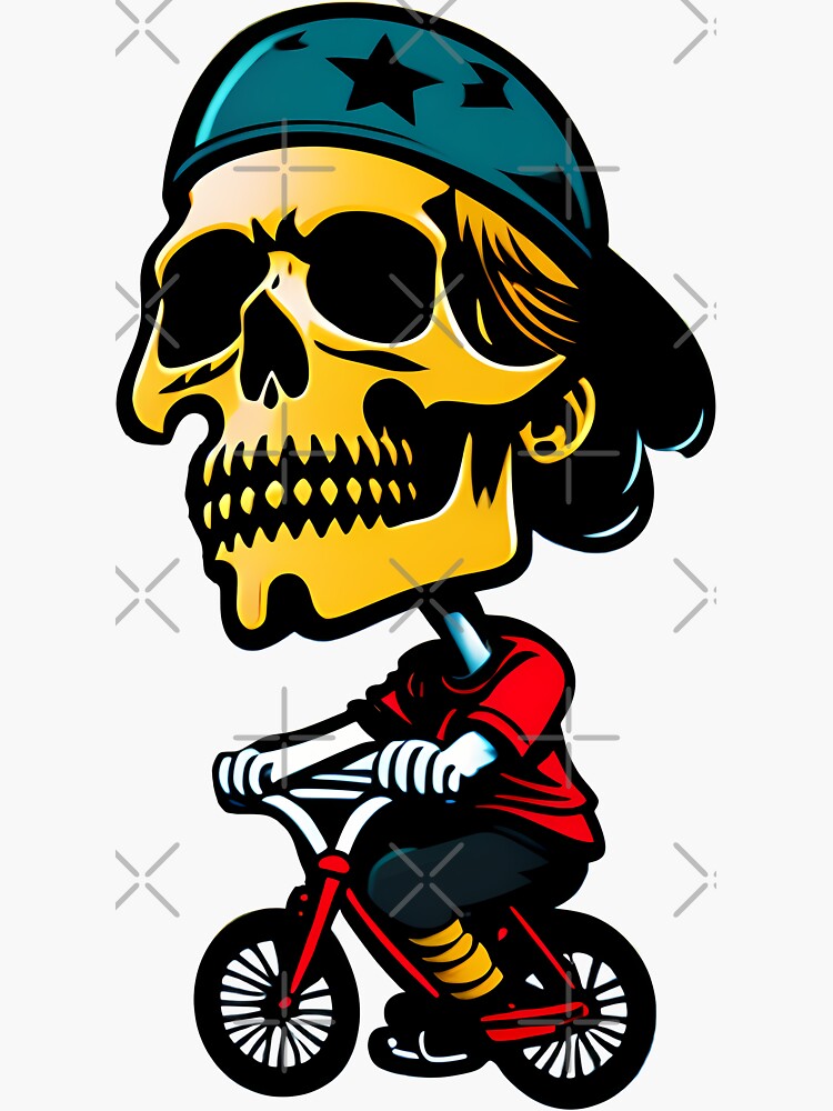 "Hipster Biker Skeleton - Cool Funny Cartoon Style Skull Face - Cute ...