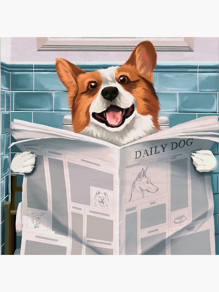 "Corgi on the Can smiling reading newspaper Daily Dog on the toilet ...