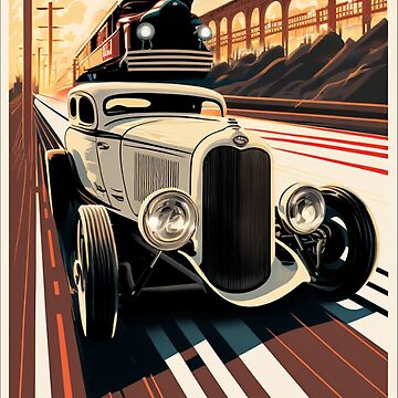 "Art Deco Hot Rod vs. Train" Poster for Sale by lensesandwheels | Redbubble