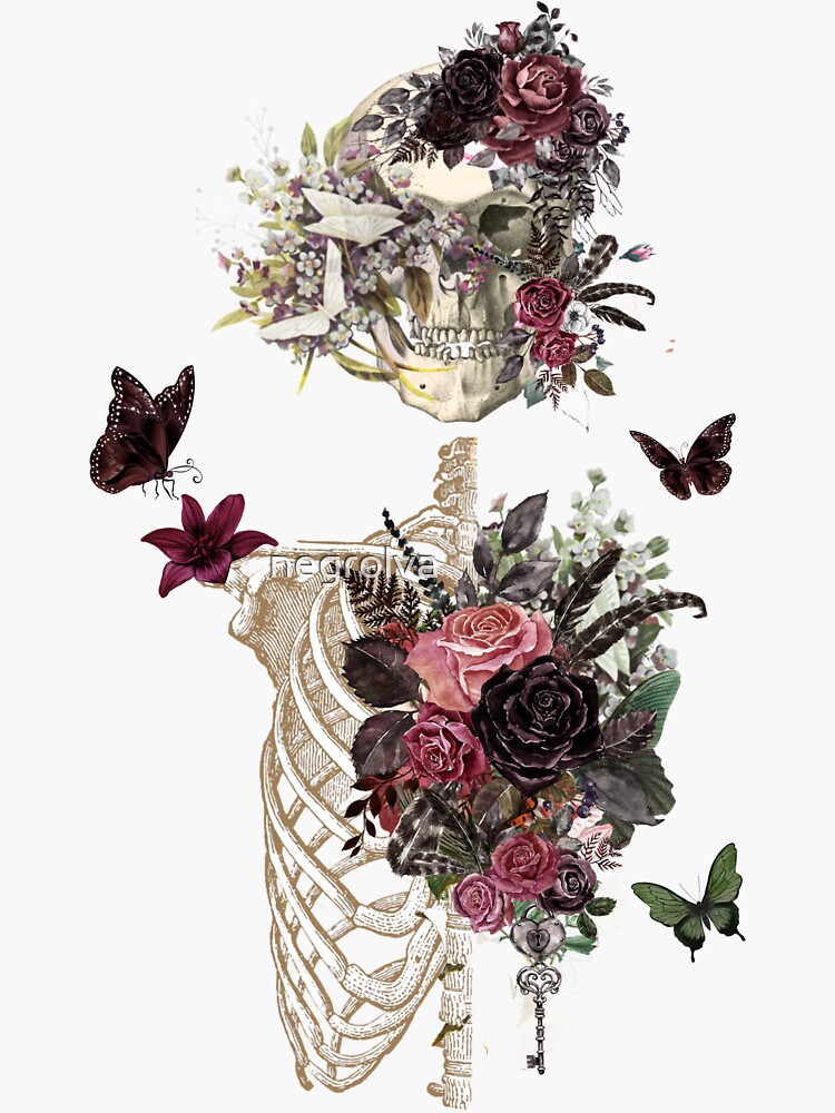 "bones and botany skeleton flower and butterflies design" Sticker for ...