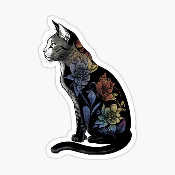 "Vibrant Lotus Cat - Black and White Feline with Colorful Flower Design ...
