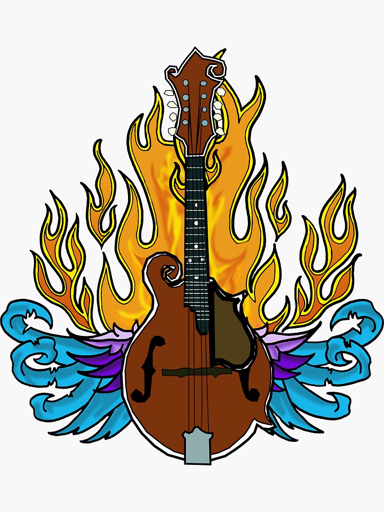 "Hot Bluegrass Mandolin Logo with Flames and Wings Tattoo" Sticker for ...