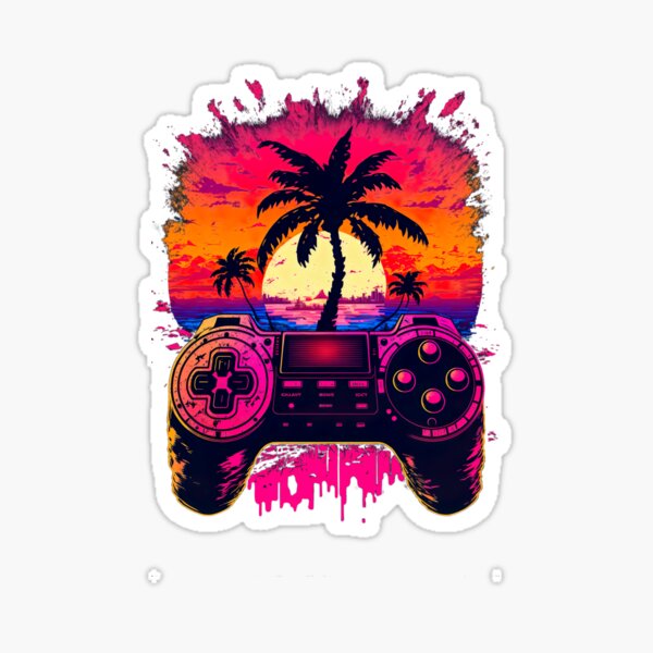 "Gaming Controller Over Tropical Synthwave Sun" Sticker for Sale by ...