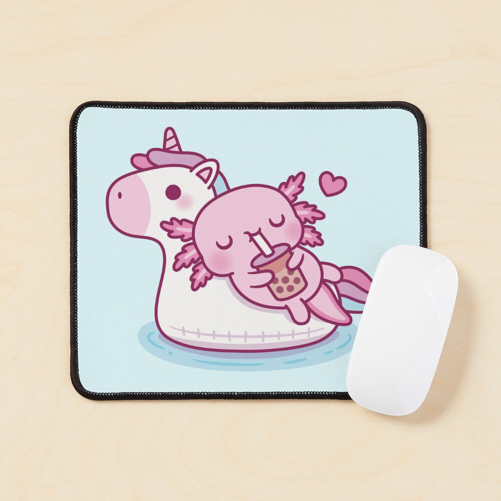 "Cute Axolotl Chilling On Unicorn Pool Float Drinking Bubble Tea ...