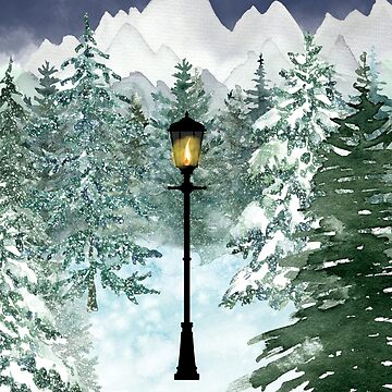 "Narnia lamp post watercolor mountains trees snow" Poster for Sale by ...