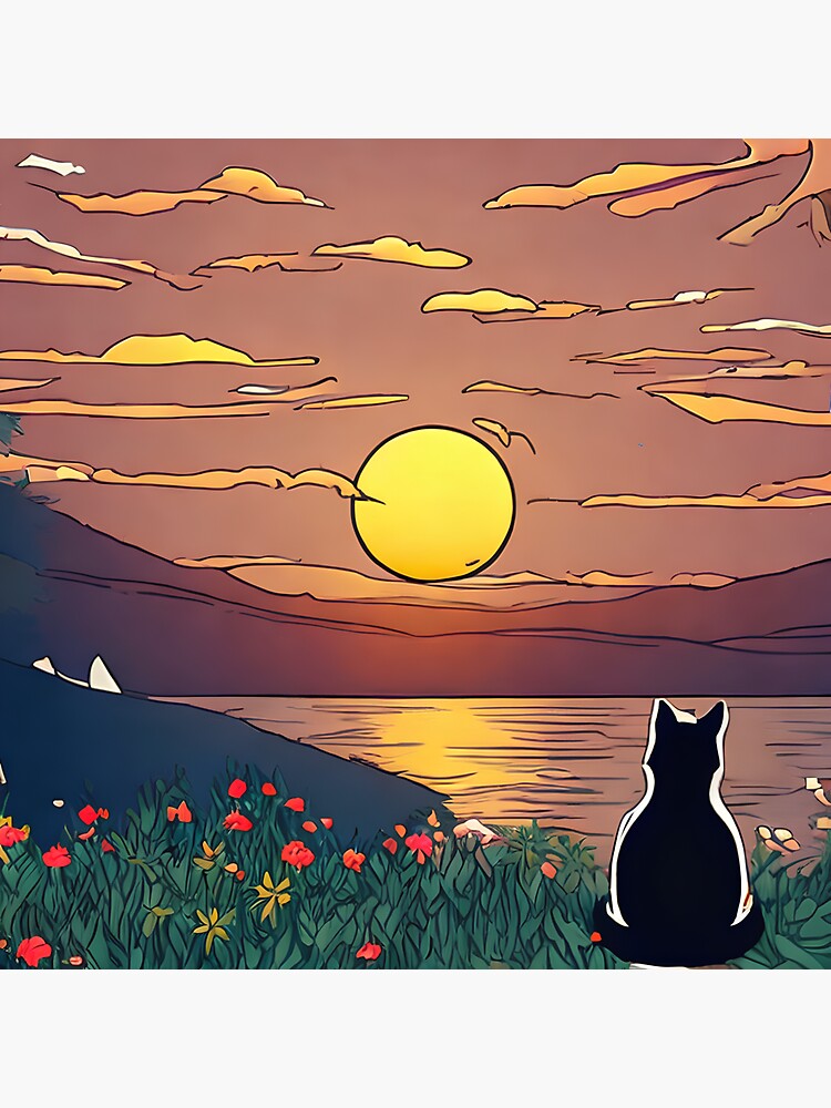 "cat watching sunset drawing" Sticker for Sale by Look-At-this1 | Redbubble