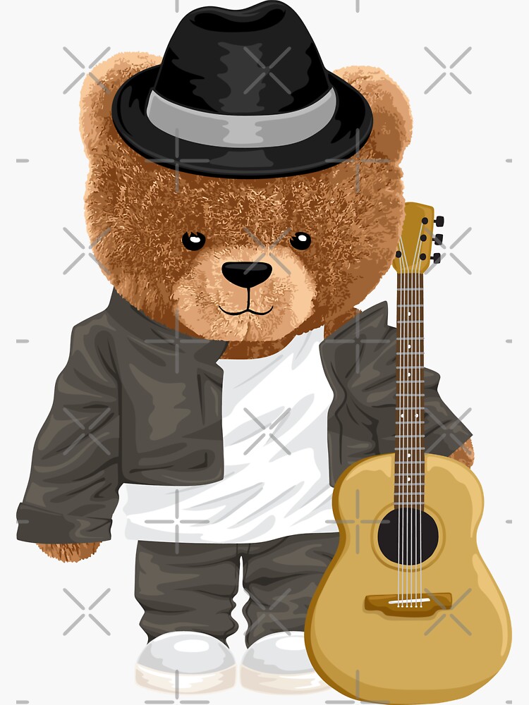 "Teddy bear in singer style costume with acoustic guitar" Sticker for ...