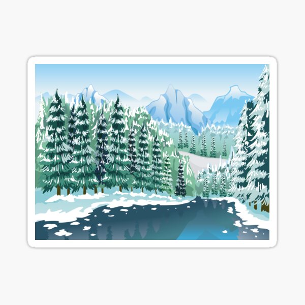 "Winter scenery: snowy mountain peaks coniferous trees and pond in a ...