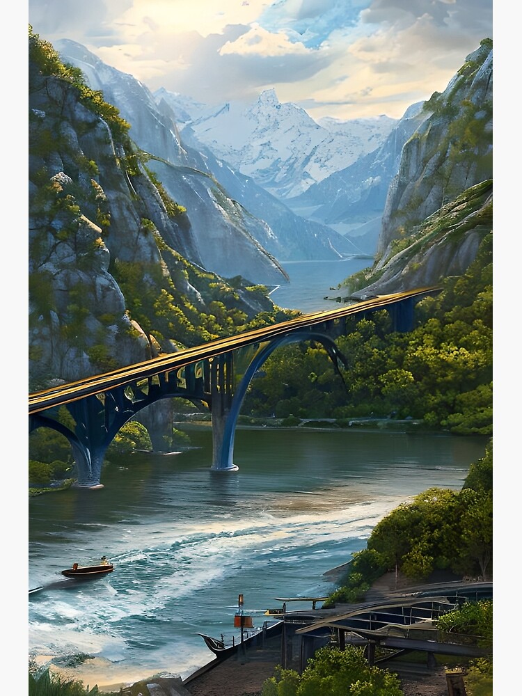 "Giant bridge over the river leading to rocky mountains full of trees ...
