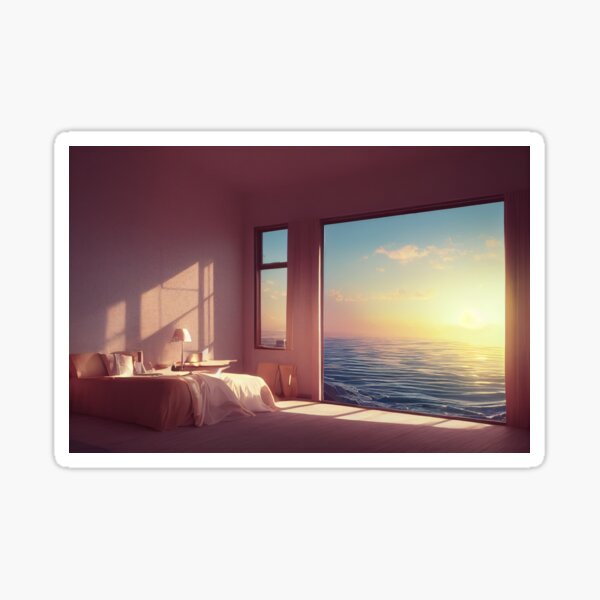 "Pink Modern Bedroom Interior with Ocean Views" Sticker for Sale by ...