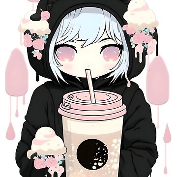 "Chibi Anime Girl Drinking Boba Milk Tea - Kawaii" Art Print for Sale ...