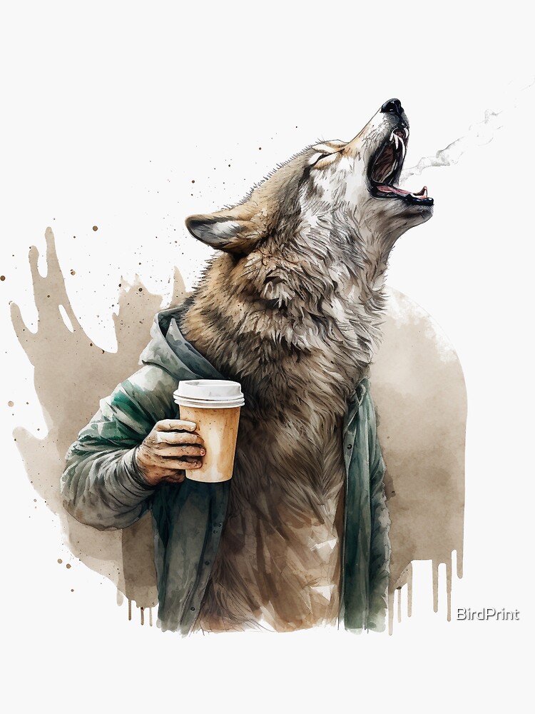 "Morning Wolf with coffee" Sticker for Sale by BirdPrint | Redbubble