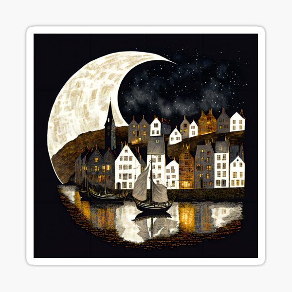 "Moon over the harbour of Portree on the Isle of Skye in Scotland ...