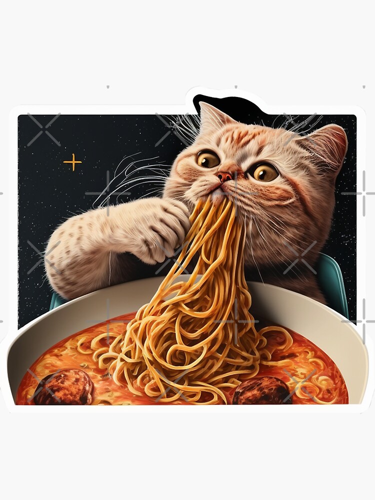 "cat eating spaghetti meme" Sticker for Sale by PizamNet | Redbubble