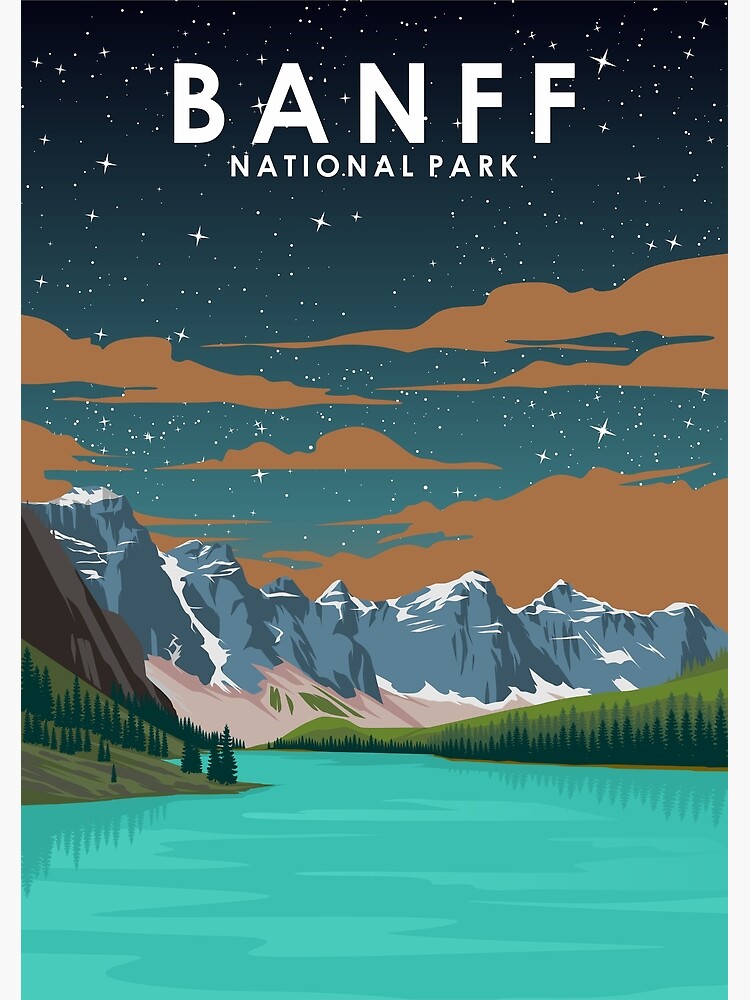"Banff National Park Vintage Minimal Retro Travel Poster at Night" Poster for Sale by Jorn van ...