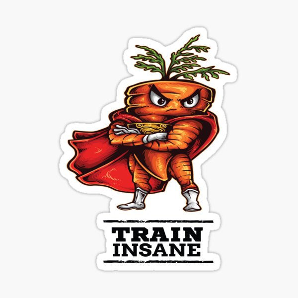 "Train Insane Angry Carrot Foodietoon Workout Bodybuilding" Sticker for ...