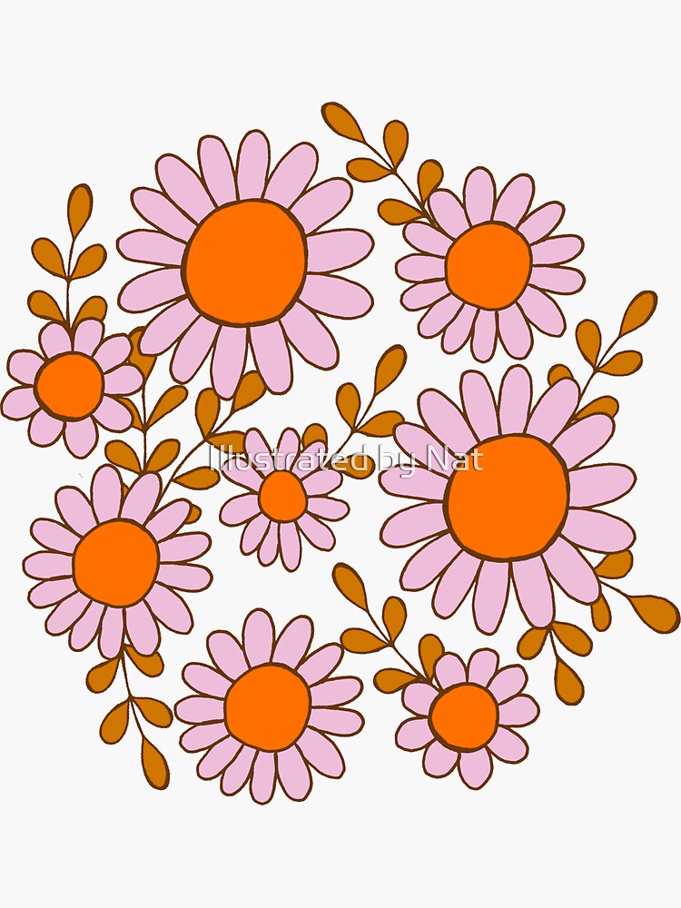 "Retro 70s daisy flowers botanical pattern in orange and pink" Sticker ...