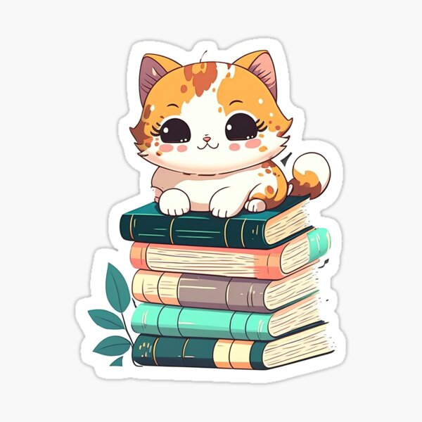 "Cute cat on stack of books" Sticker for Sale by StickerSector | Redbubble