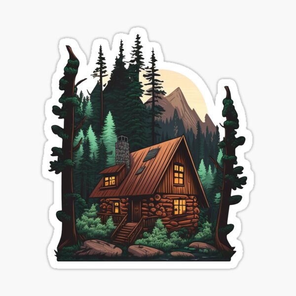 "Cabin in the forest on the lake, wild nature, mountain" Sticker for ...
