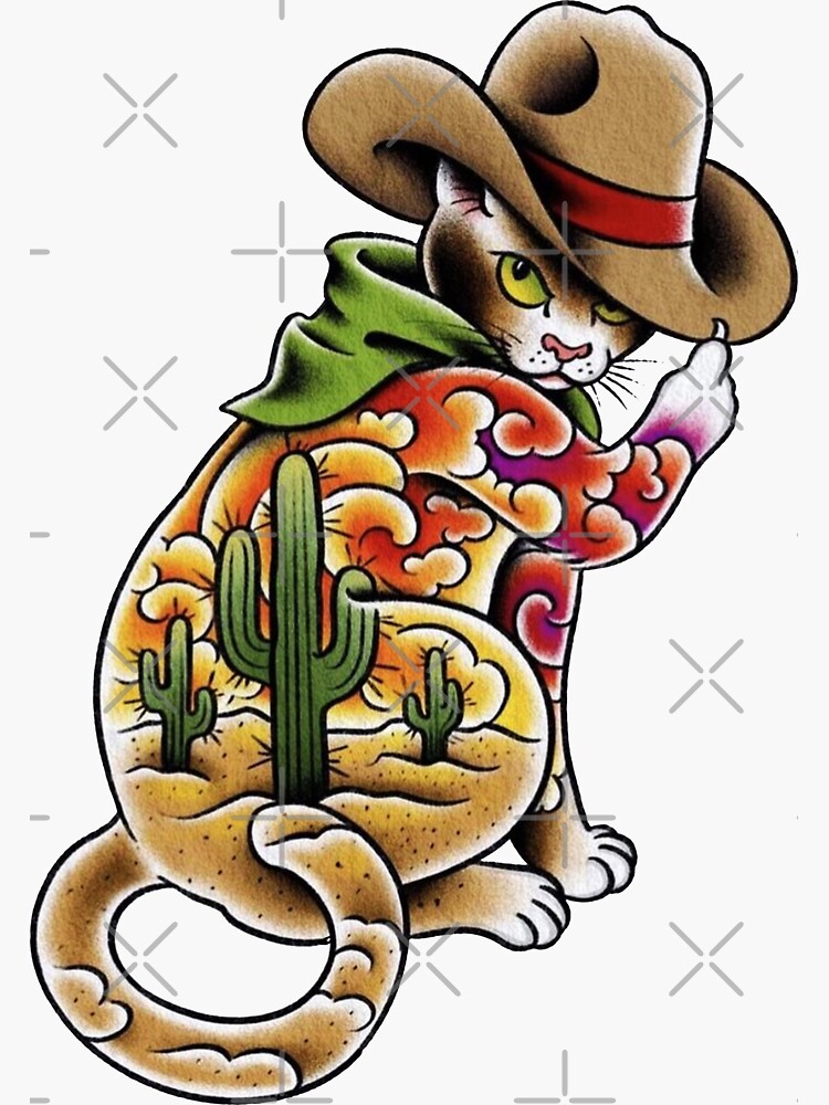 "Traditional Cowboy Cat Tattoo" Sticker for Sale by Cesar Caligula ...