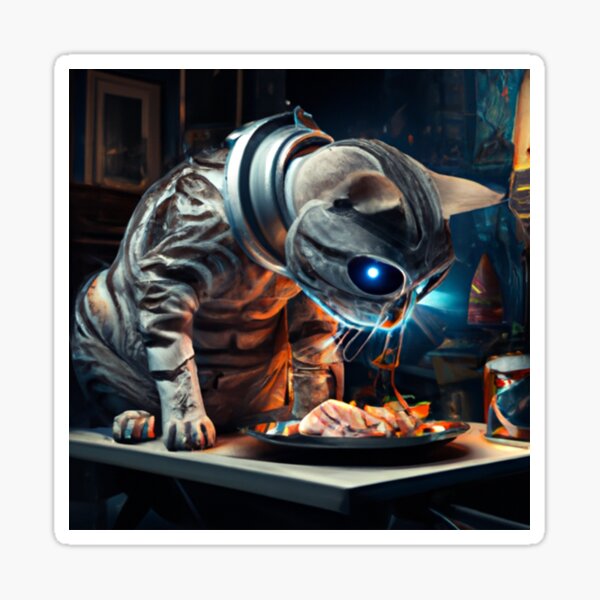 "Cyberpunk Alien Cat Eating Space Tuna Digital Art" Sticker for Sale by ...