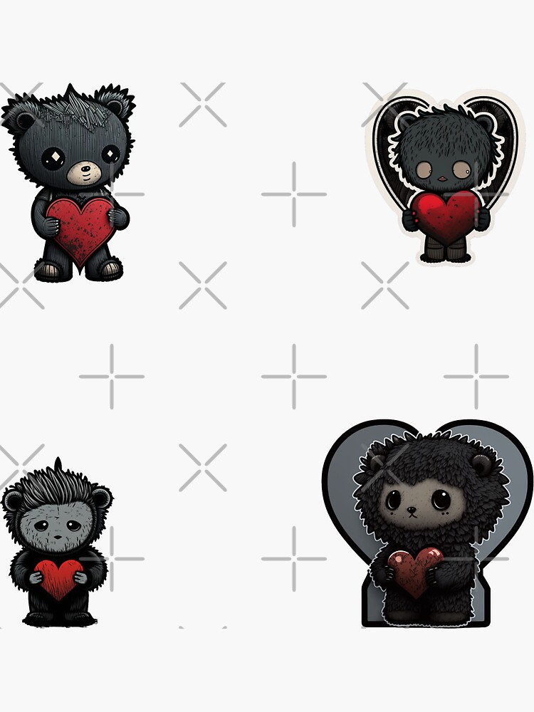 "Goth/Emo/Kawaii Valentines Day Teddy Bear Heart Sticker Pack- 002 ...
