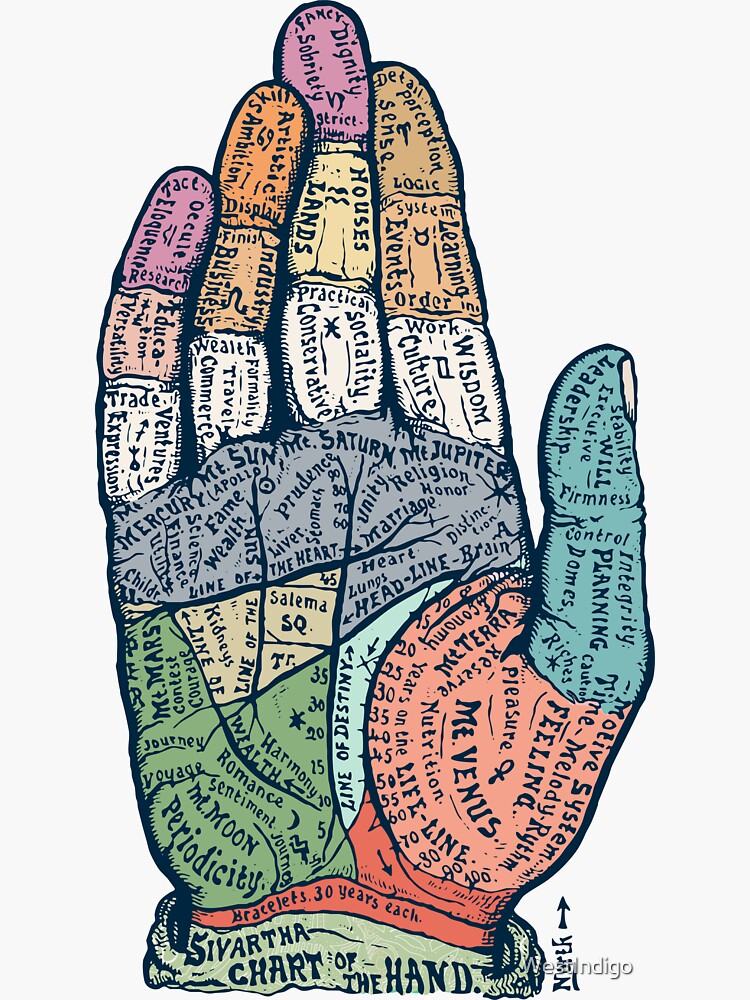 "Palmistry hand chart" Sticker for Sale by WestIndigo | Redbubble