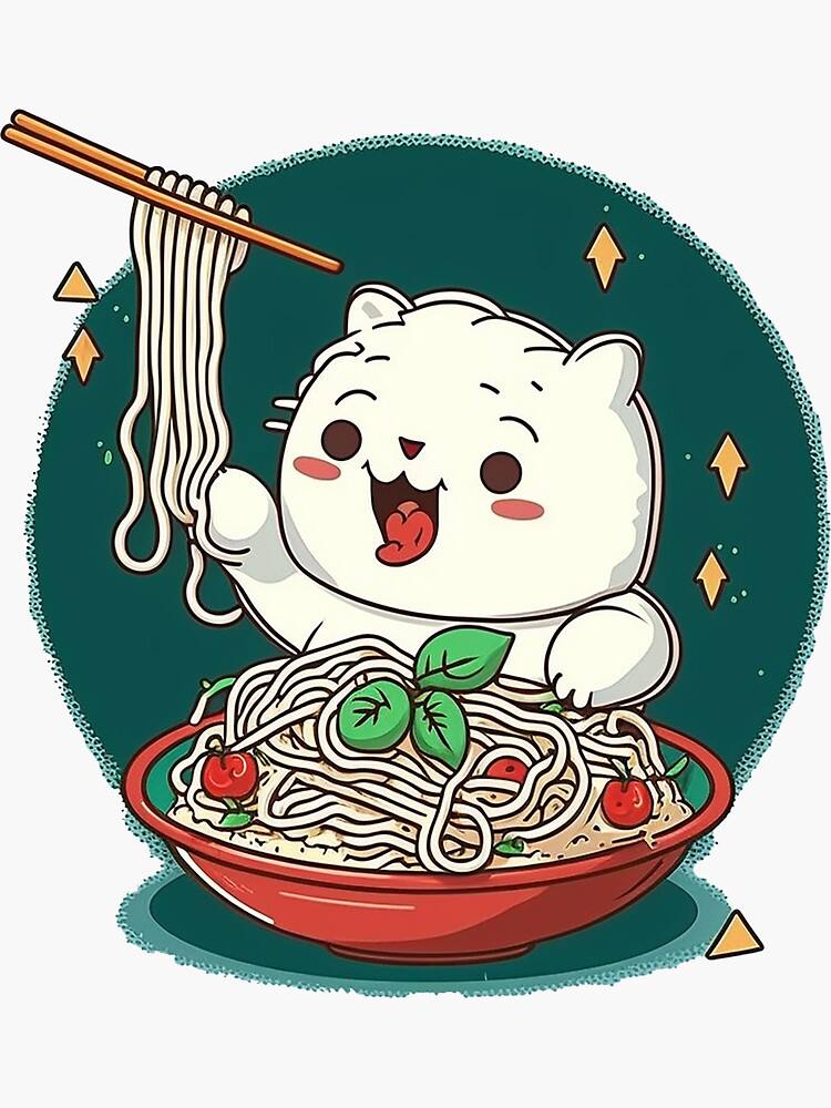 "Cat Eating Ramen, Cat Eating Spaghetti, Cartoon Style" Sticker for ...