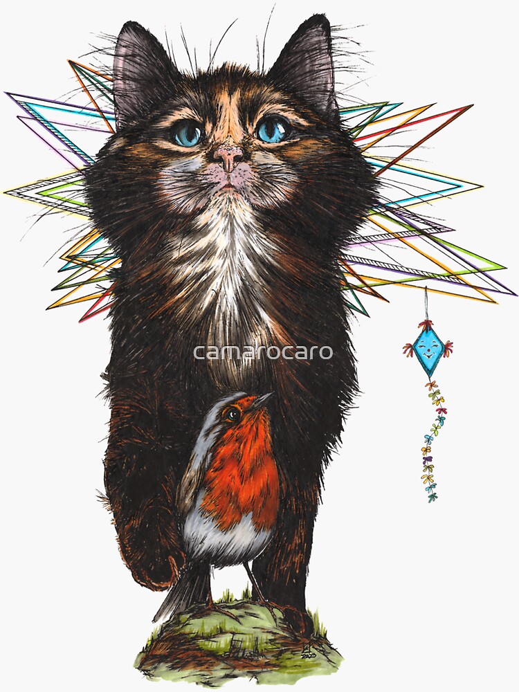 "cat and robin" Sticker for Sale by camarocaro | Redbubble