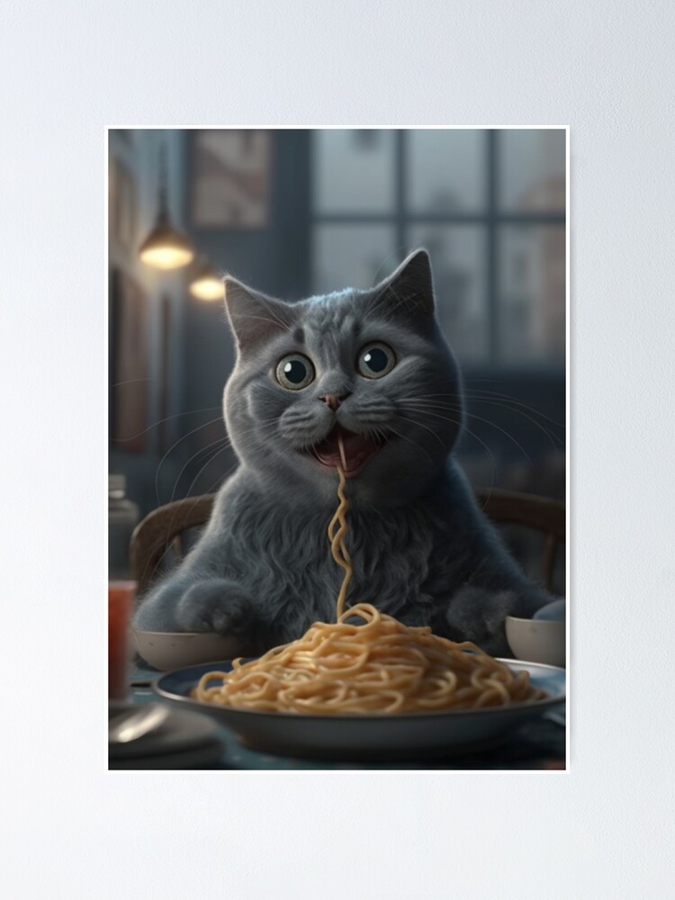 "Funny Grey Cat Eating Spaghetti" Poster for Sale by Cute-Jory-Store ...