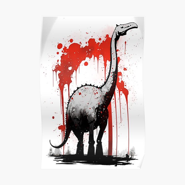 "Brontosaurus Ink Painting Black and White and Red" Poster for Sale by ...
