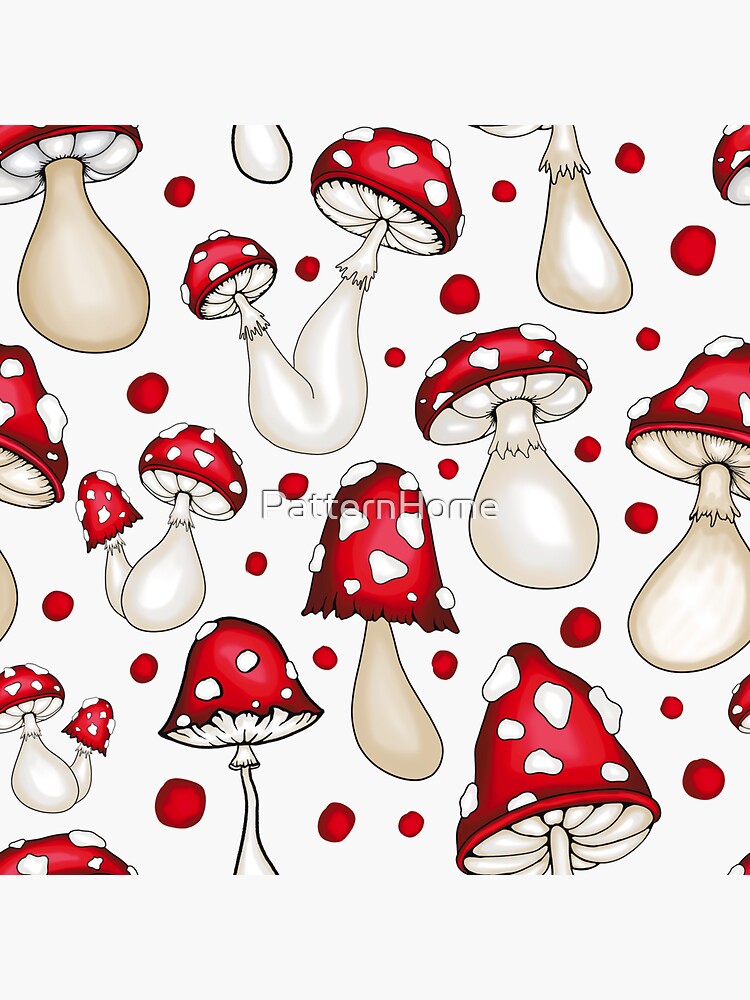 "Funny Red Mushrooms Pattern With Black Background And Red Circles ...