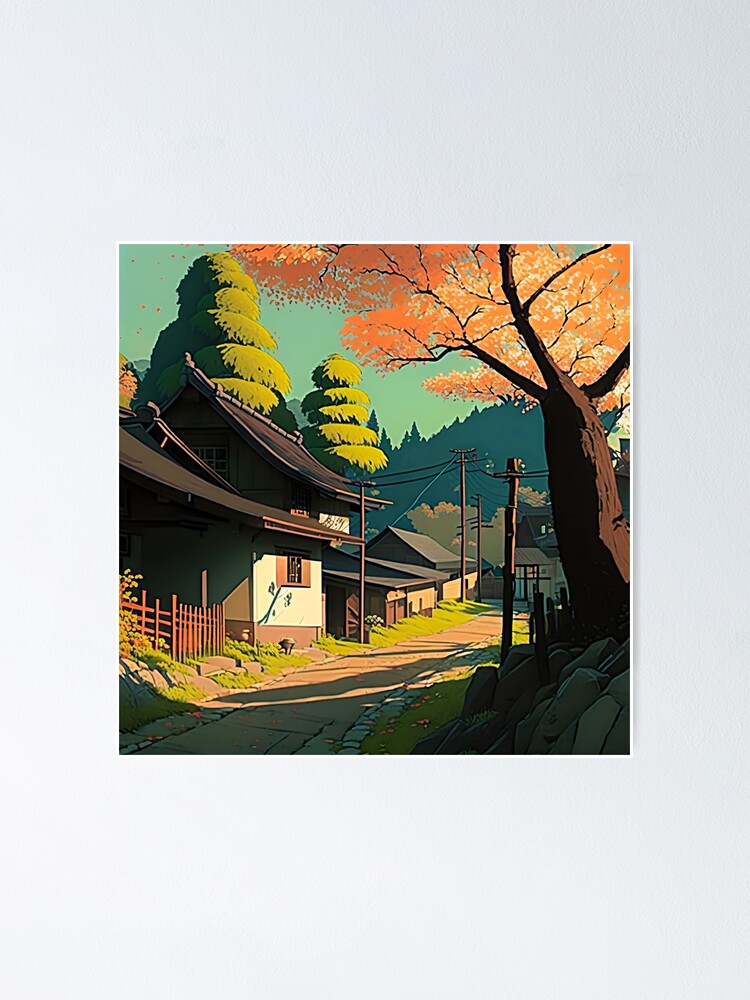 "Cel shaded Tsuchiya Koitsu inspired rural Japanese town, autumn ...