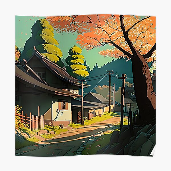 "Cel shaded Tsuchiya Koitsu inspired rural Japanese town, autumn ...