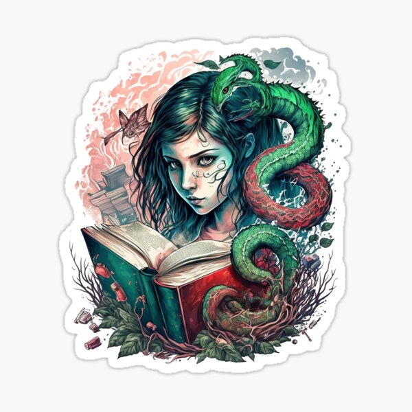 "Enchanted Education - Little Girl and Her Snake-Wrapped Book" Sticker ...