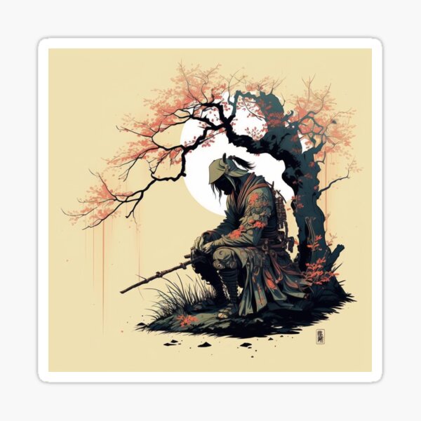 "Samurai kneeling under a japanese tree" Sticker for Sale by polo-polo ...