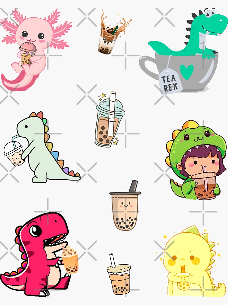 "Dino Boba Cute Dinosaur Drinking Bubble Tea Sticker Pack" Sticker for ...