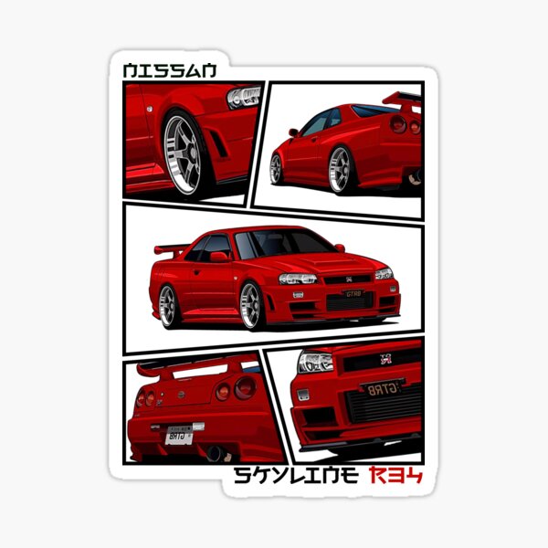 "Nissan Skyline r34 GTR Red, JDM Car" Sticker for Sale by T-JD | Redbubble